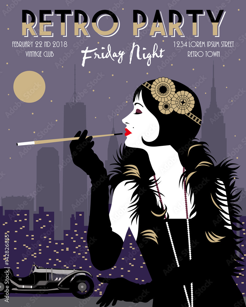 Flapper girl with cigarette and black retro automobile on a background ...