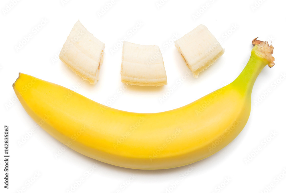 Banana clown with a slice isolated on white background. Flat lay, top ...