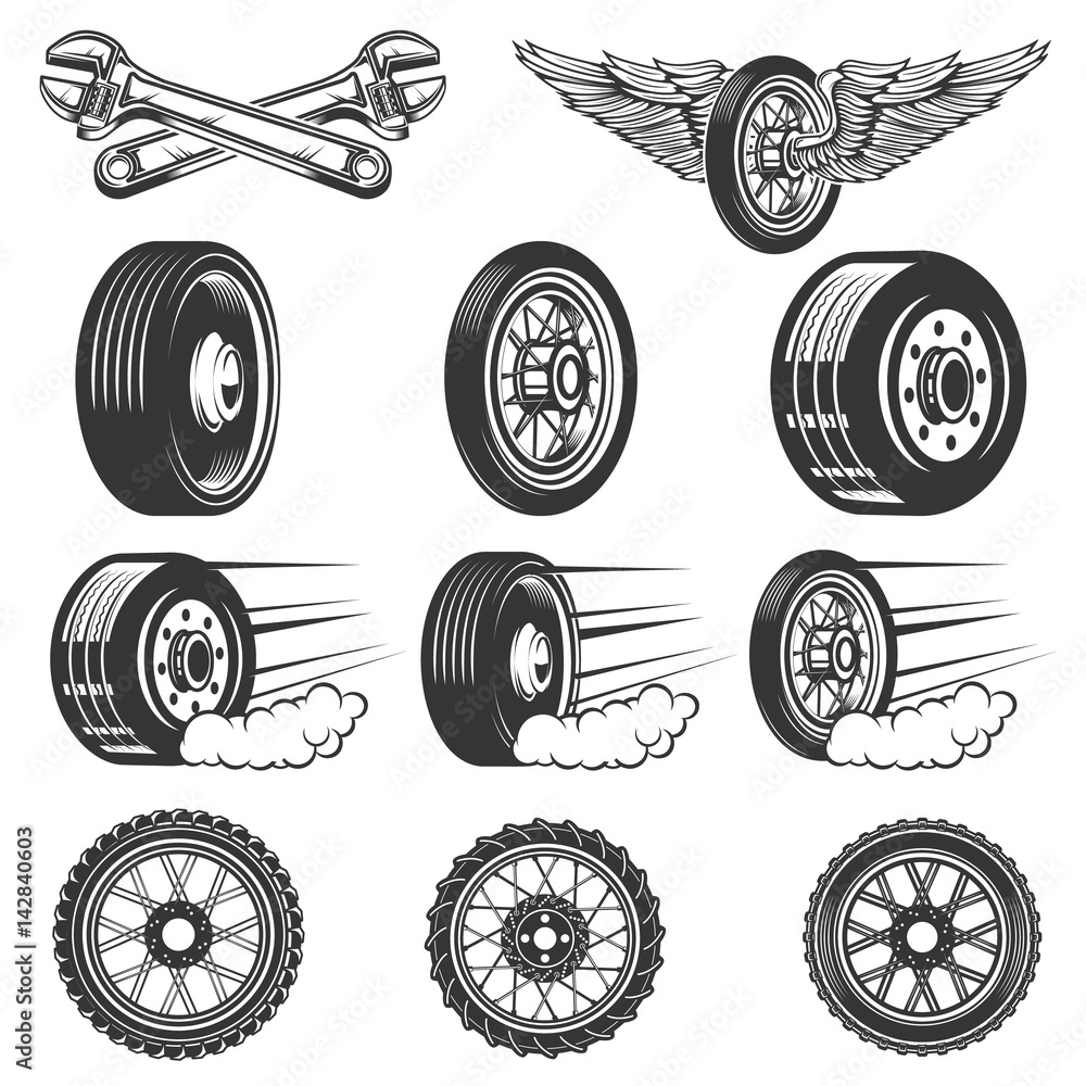 Tire service. Set of car tires illustrations isolated on white ...