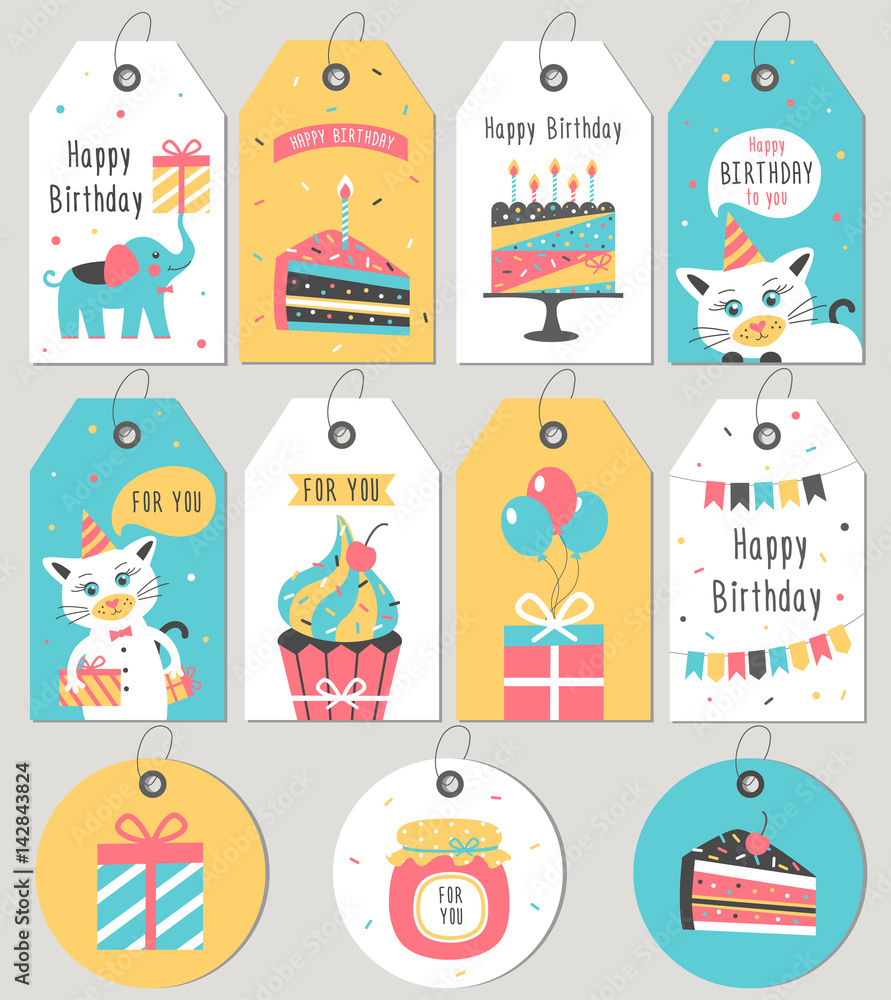 Set of Happy Birthday gift tags and cards. Vector illustration Stock ...
