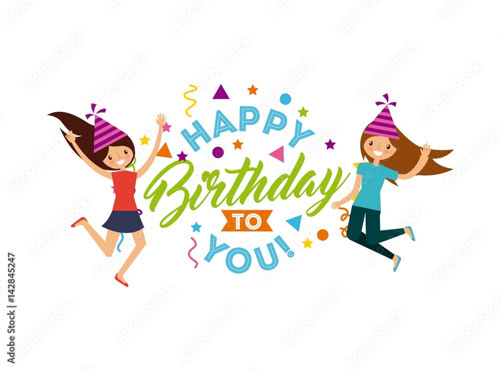 happy birthday card with girls jumping over white background. colorful ...