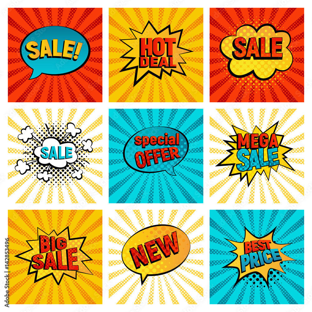 Retro sales icon vector card collection. Cartoon icon on colorfull rays ...
