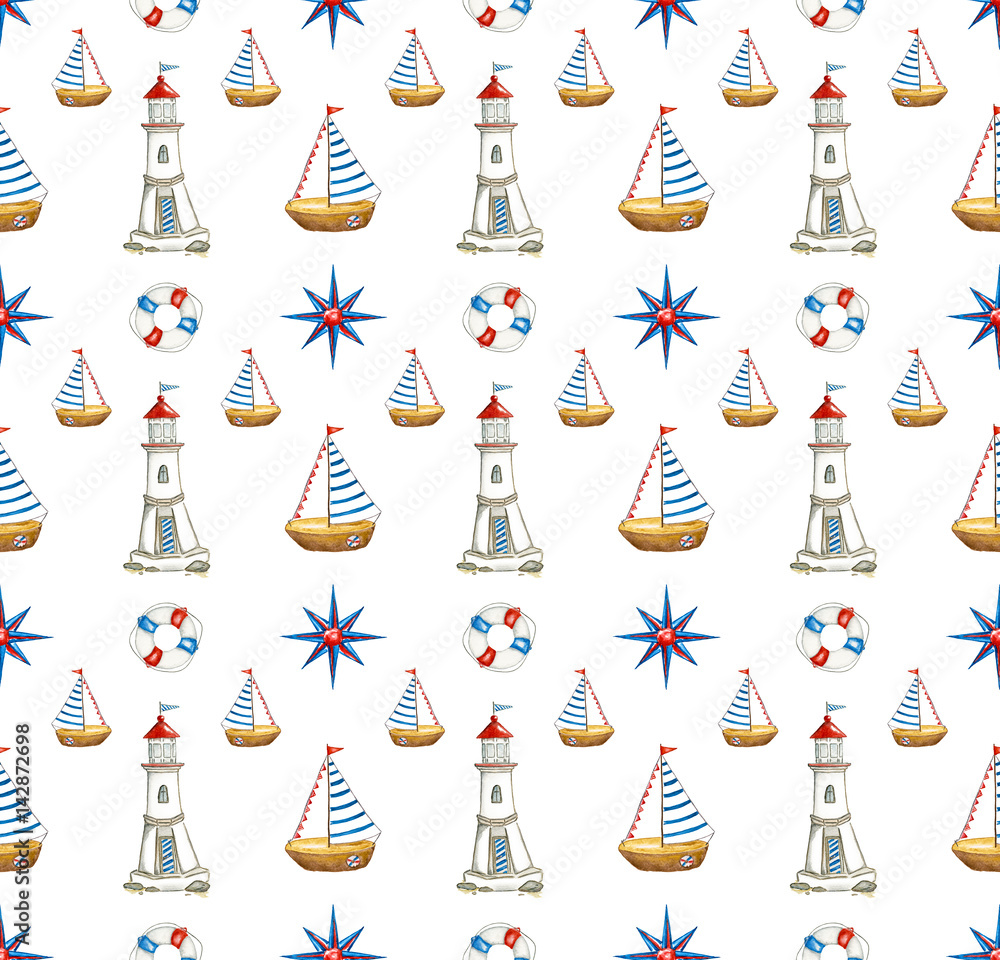 Watercolor seamless nautical pattern. Hand drawn cartoon background ...
