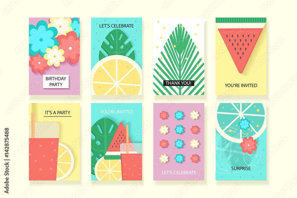 Universal summer posters set. Creative flat style textures with fruits ...