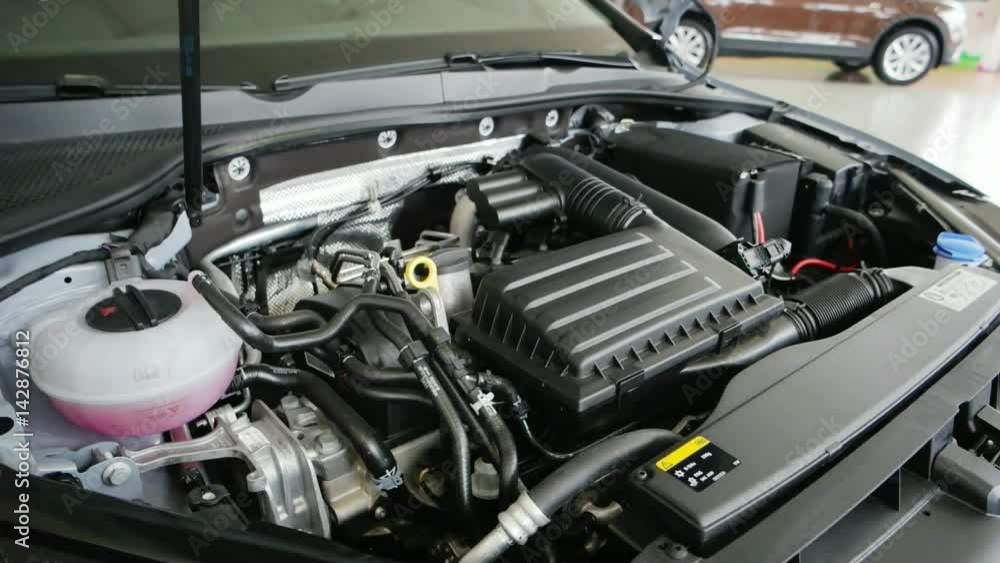 engine compartment of car, closeup detailed view of car engine, open ...