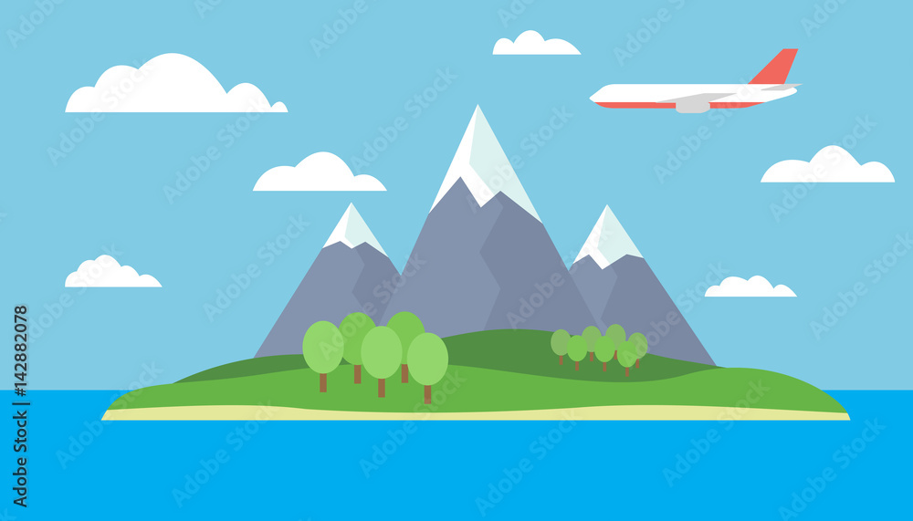 Cartoon view of the island in the sea with mountain landscape with red ...