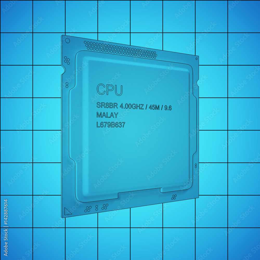 CPU blue print, thin line illustration, black outline symbol on blue ...