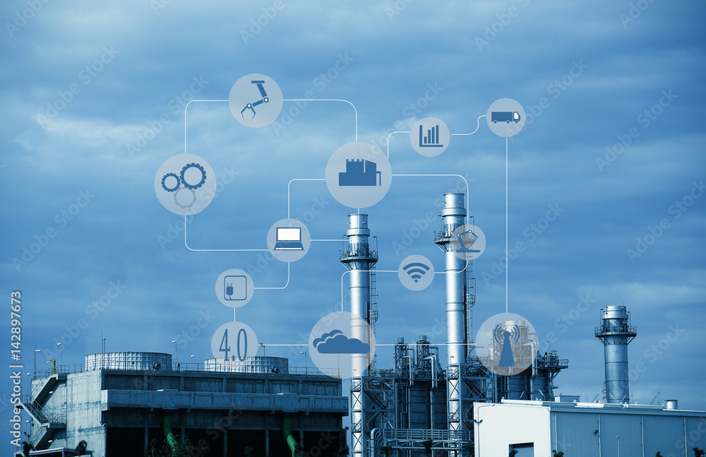 Industry 4.0 concept image.Oil refinery at twilight with cyber and ...
