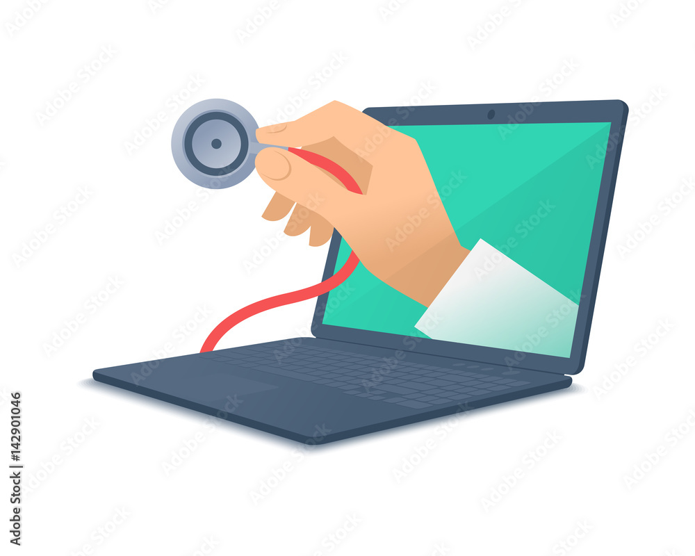 Computer, doctor's hand holding a stethoscope. Medic through the laptop ...