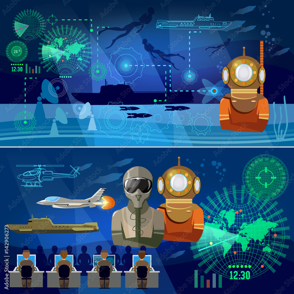 Modern army banners. Army aircraft, submarine, helicopter, rockets ...