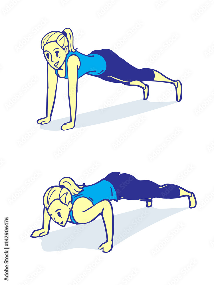 Woman push up in two steps, Simple cartoon vector illustration. vector ...