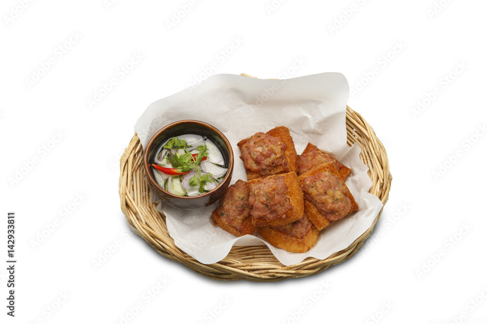 Asian food. Fried Bread With Minced Pork Spread on isolated white ...