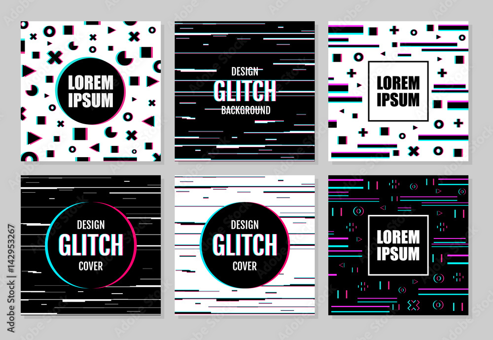 Big abstract set of effect glitch. Covers, placards, banners, posters ...