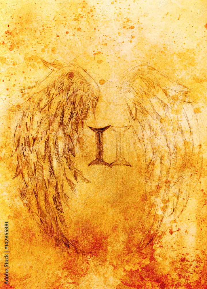 pencil drawing on old paper. angel wings and rome number, Sepia color ...