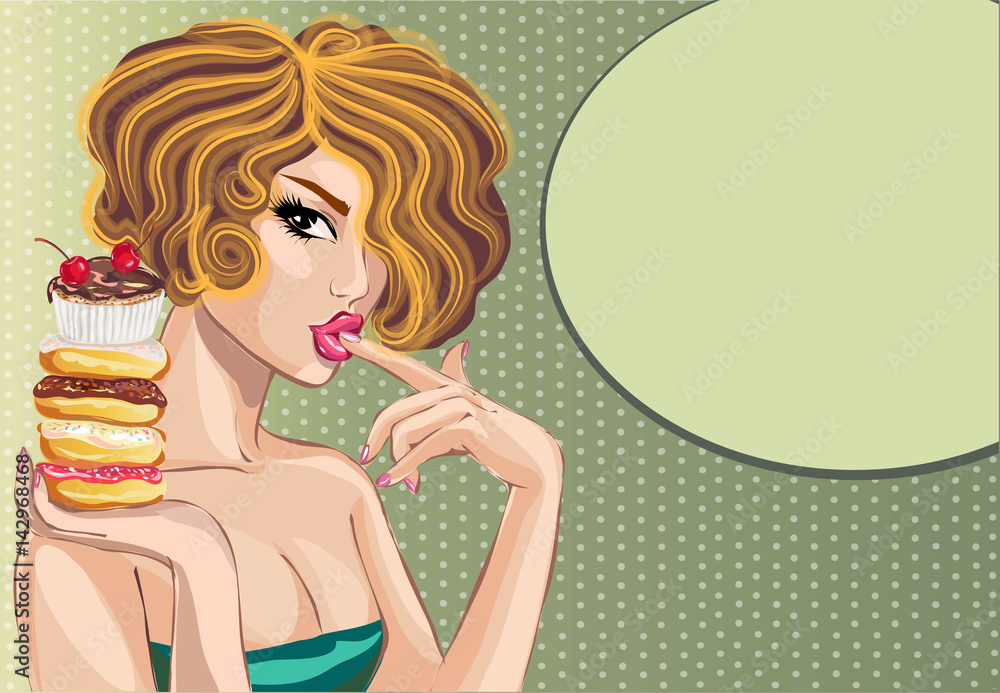 Pin Up Style Sexy Woman With Donut And Cake Pop Art Comic Girl