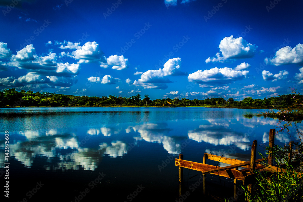 lago azul dia de sol nuvens floresta e paisagem linda Stock Photo ...