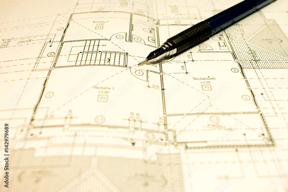 Architectural plan on the house plan with a pencil placed on Stock ...