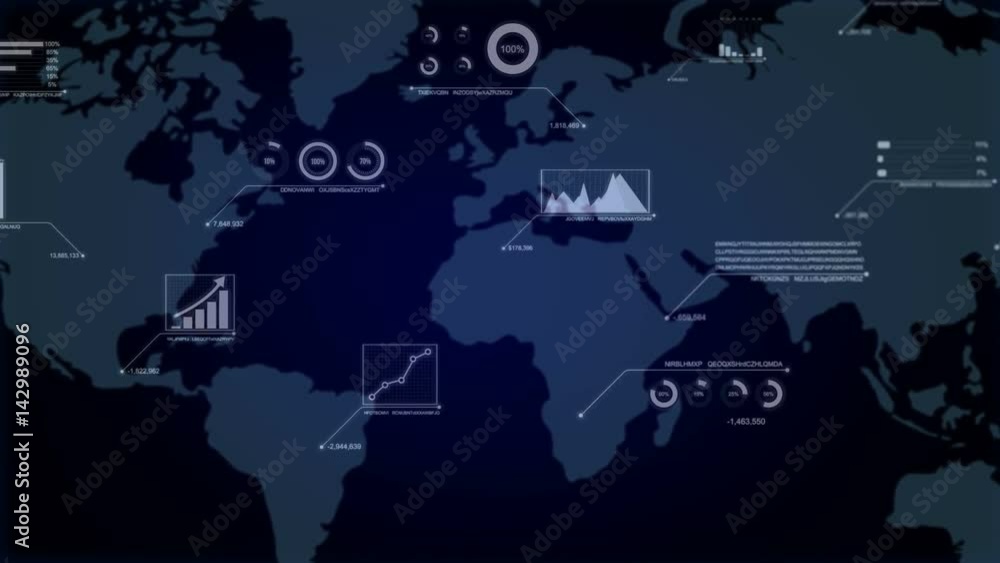 4K Animation of 3D moving world map with bar graph and random text ...