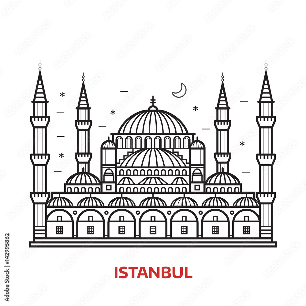 Travel Istanbul landmark icon. Islamic dome and minarets of famous ...
