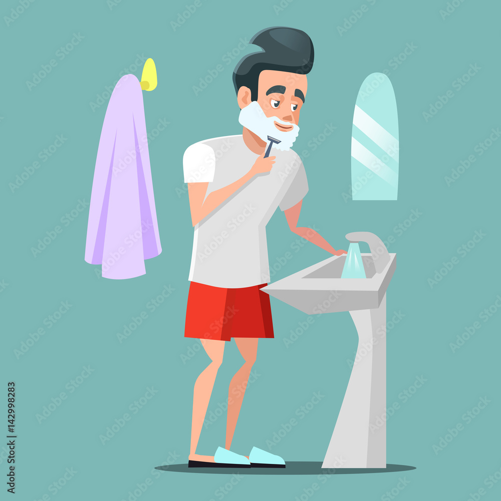 Man Shaving Face with Foam. Skin Care. Vector cartoon illustration ...