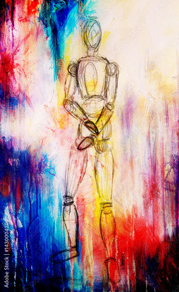 sketch of wooden posable drawing figure for artists on abstract ...