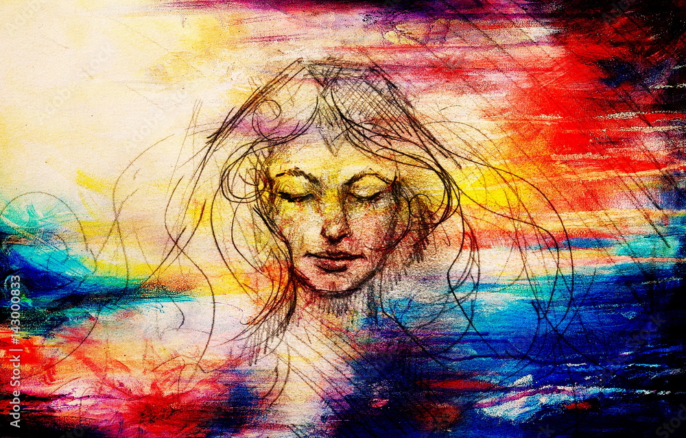 drawing of beautiful contemplative woman face on abstract background ...