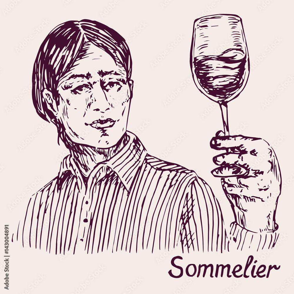 Portrait of a young male sommelier, wine tasting, expertise beverage ...