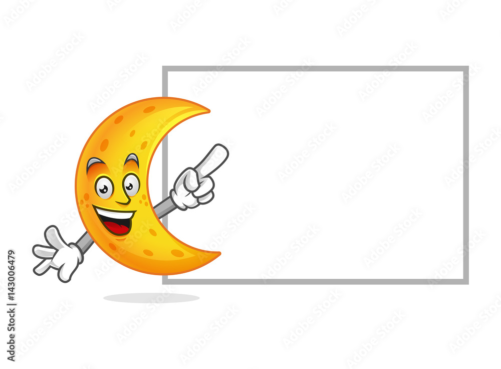 moon mascot pointing to a blank sign, moon character, moon cartoon ...