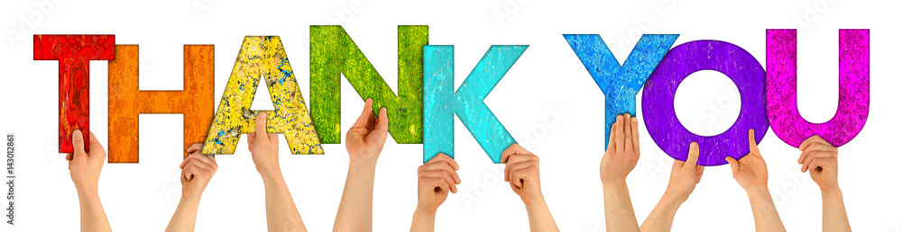 Poster hands holding up the words thank you shaped by colorful wooden ...