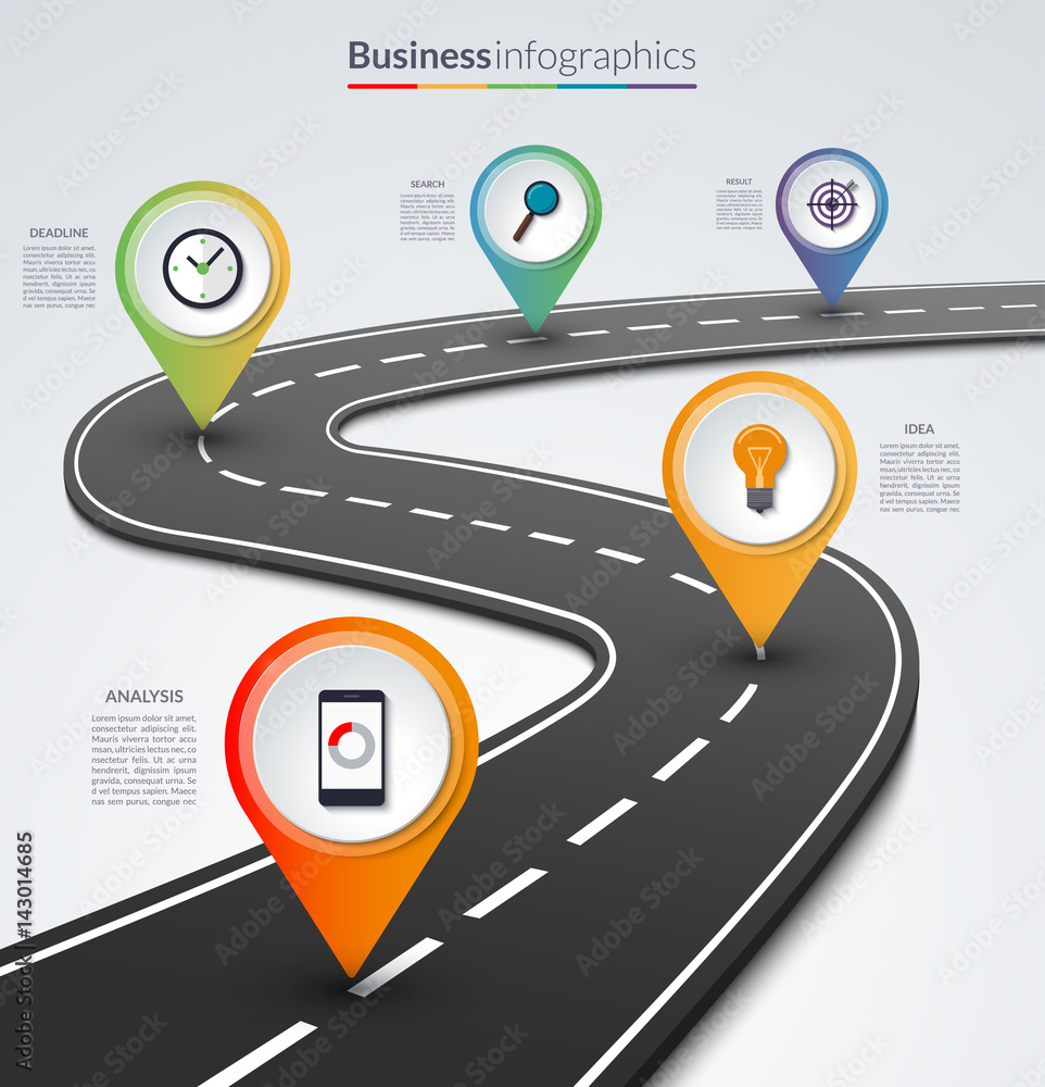 Road map infographic template with 5 colorful pin pointers on the way ...
