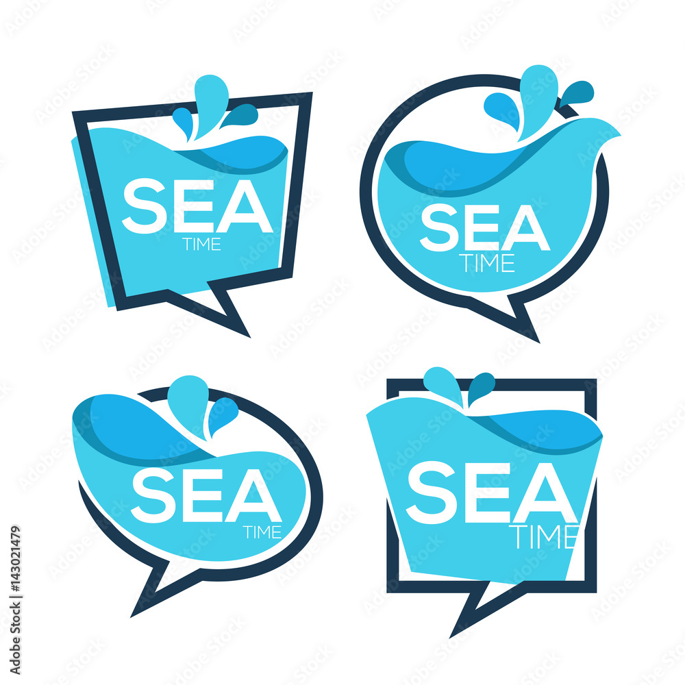 sea time, vector collection of water stickers banners and bubbles for ...