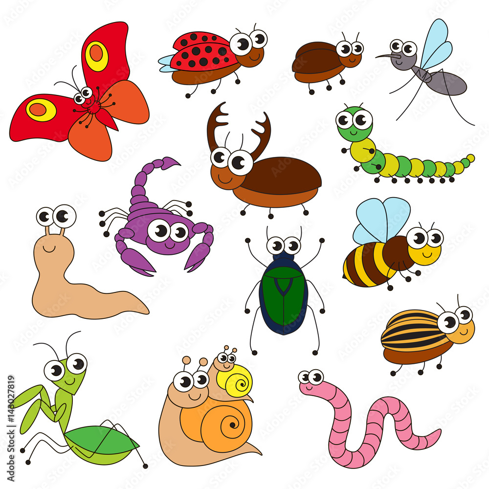 Cute small insects set, the collection of coloring book template, the ...