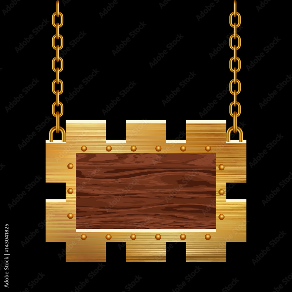 Blank wooden signboard with metallic border hanging on chain. Stock ...