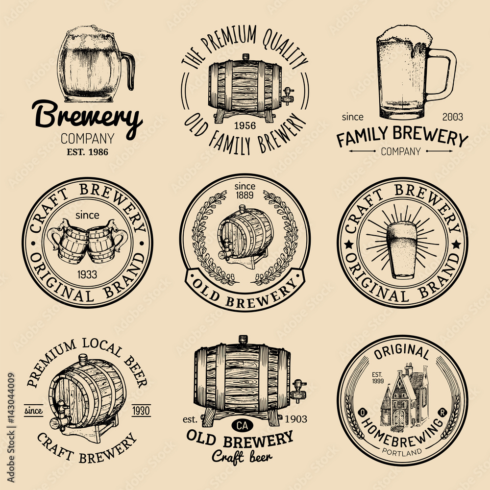 Old brewery logos set. Kraft beer retro signs or icons with hand ...