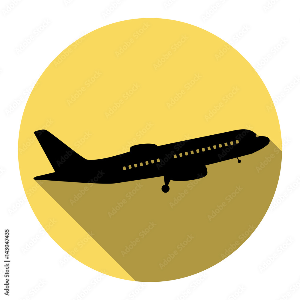 Flying Plane sign. Side view. Vector. Flat black icon with flat shadow ...
