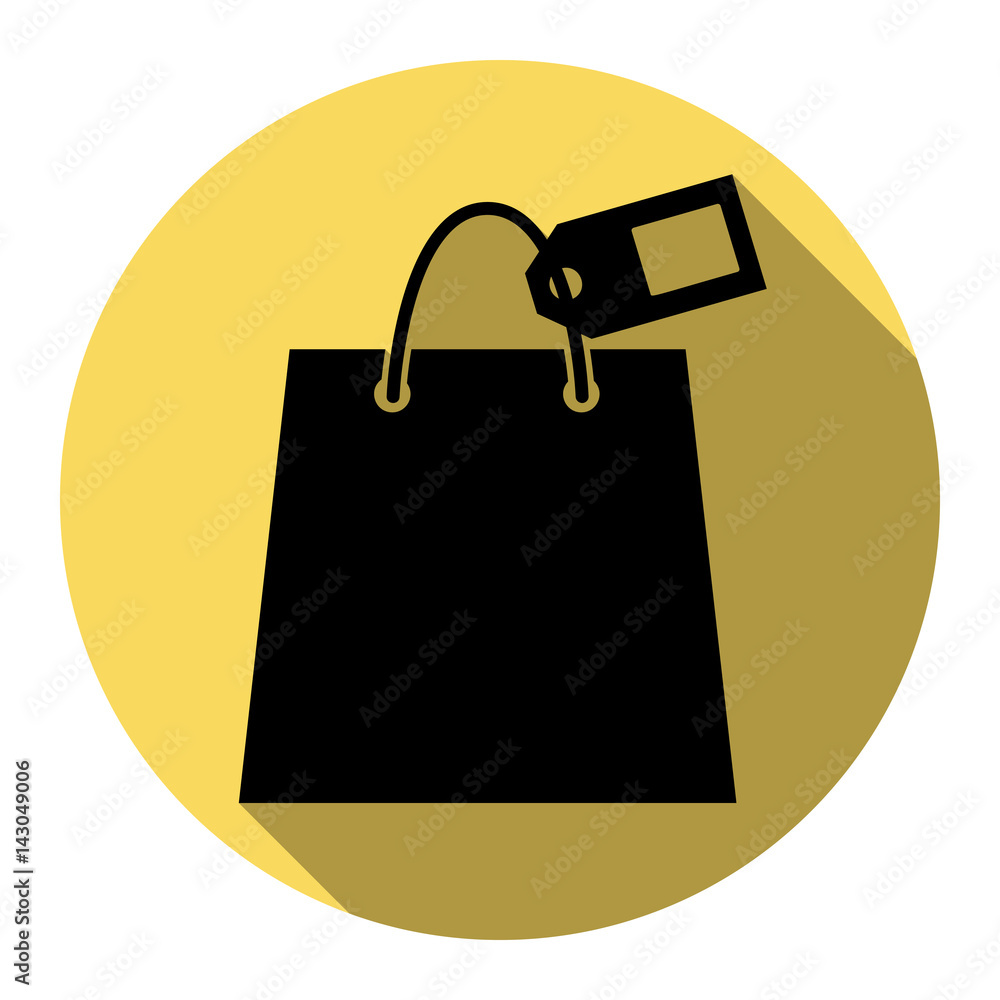 Shopping bag sign with tag. Vector. Flat black icon with flat shadow on ...
