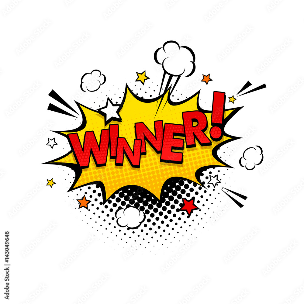 Comic speech bubble with expression text Winner, clouds and stars ...