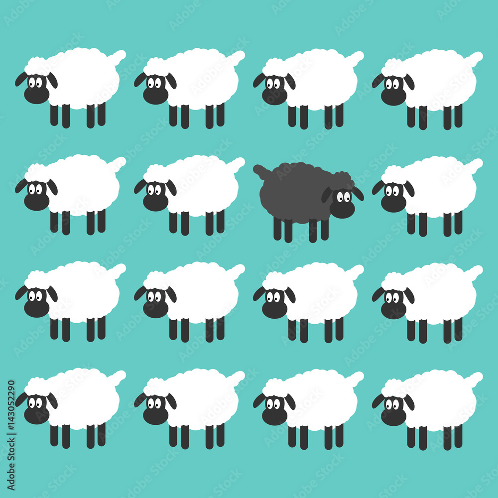 Stand out from the crowd concept. Black sheep between white sheep ...