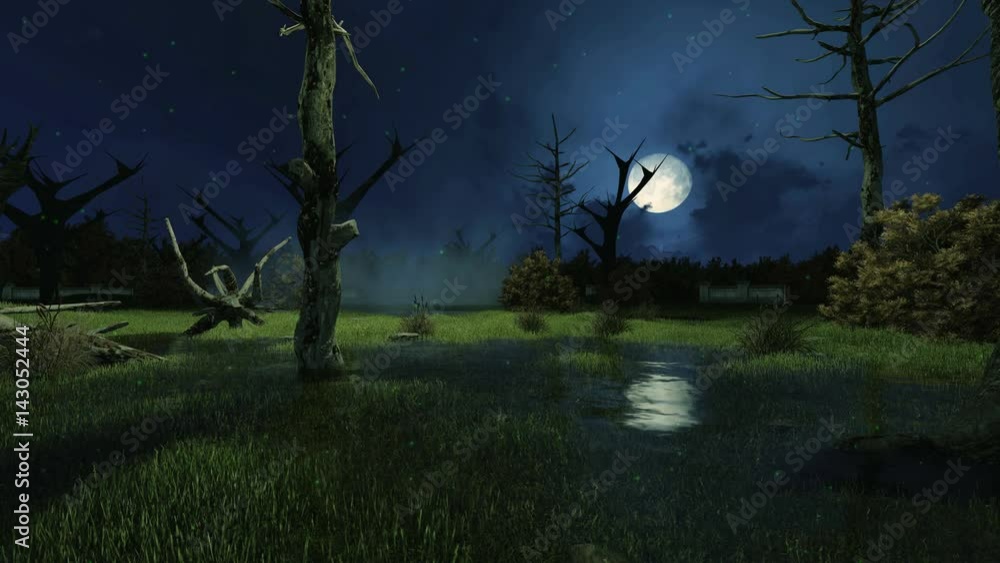 Fantastic big moon above creepy swamp with mystic firefly lights flying ...
