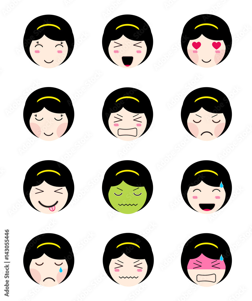 Cute emoji collection. Kawaii asian girl face. Set of flat emoticon in ...