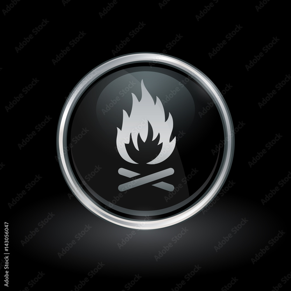 Burning symbol with wood fire icon inside round chrome silver and black ...