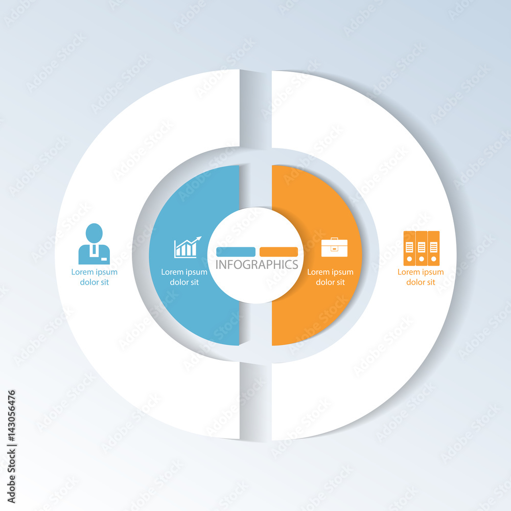 Circular infographics of 2 steps, segments for annual reports, charts ...