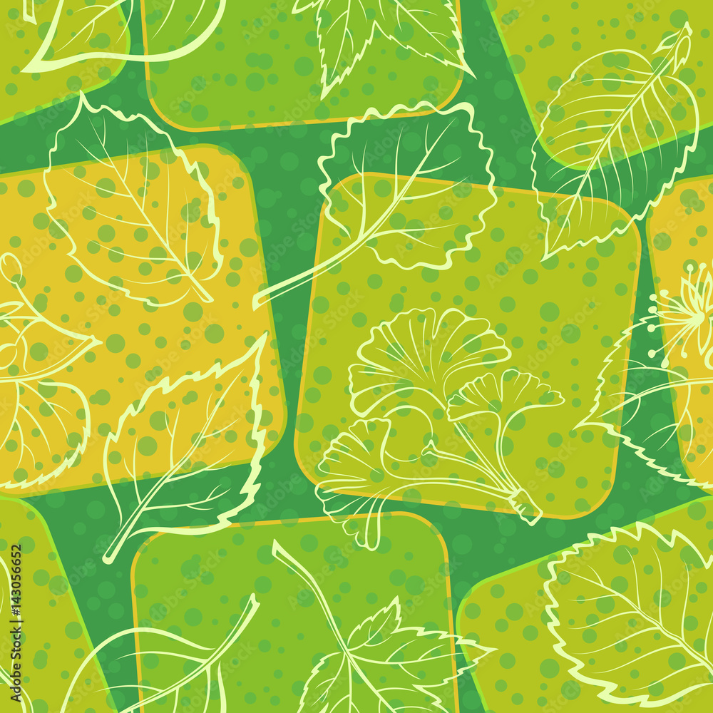 Seamless Background with Pictogram Leaves of Various Plants, Trees and ...