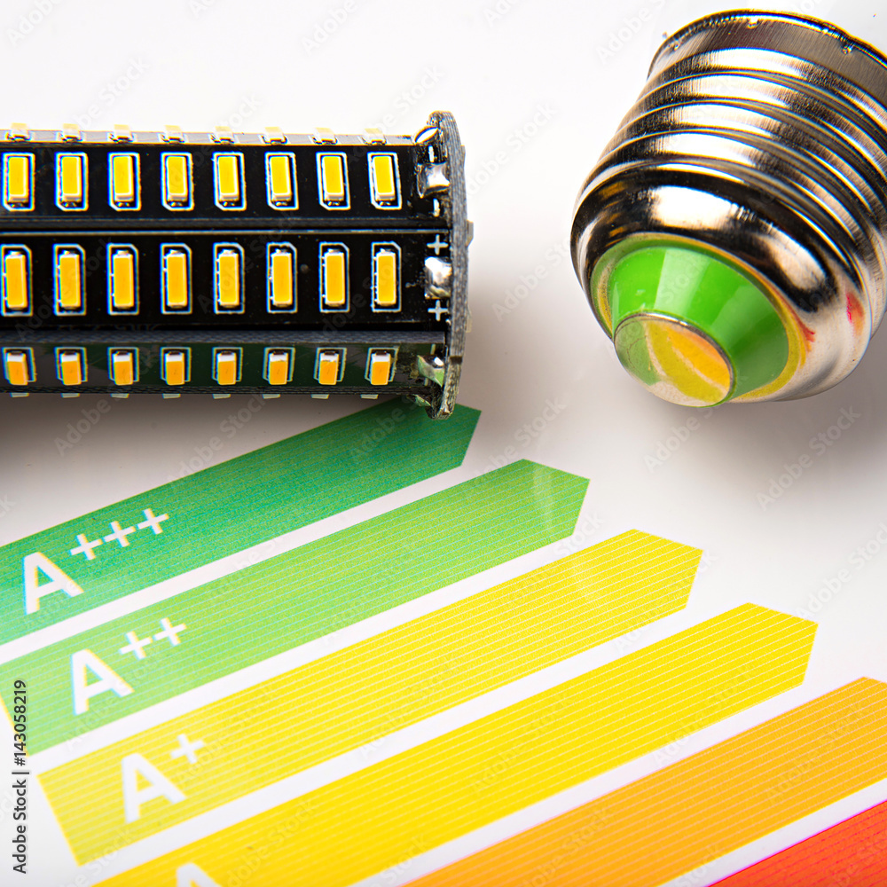 Energy efficiency concept with energy rating chart and LED lamp Photos ...