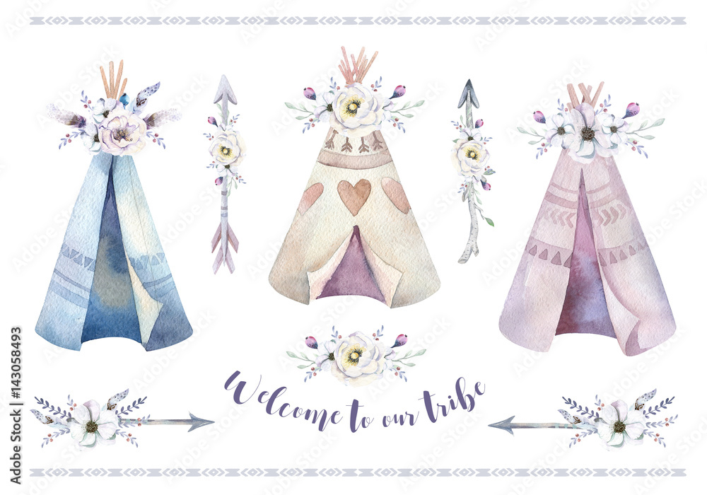 Hand drawn watercolor tribal teepee, isolated white campsite tent. Boho ...