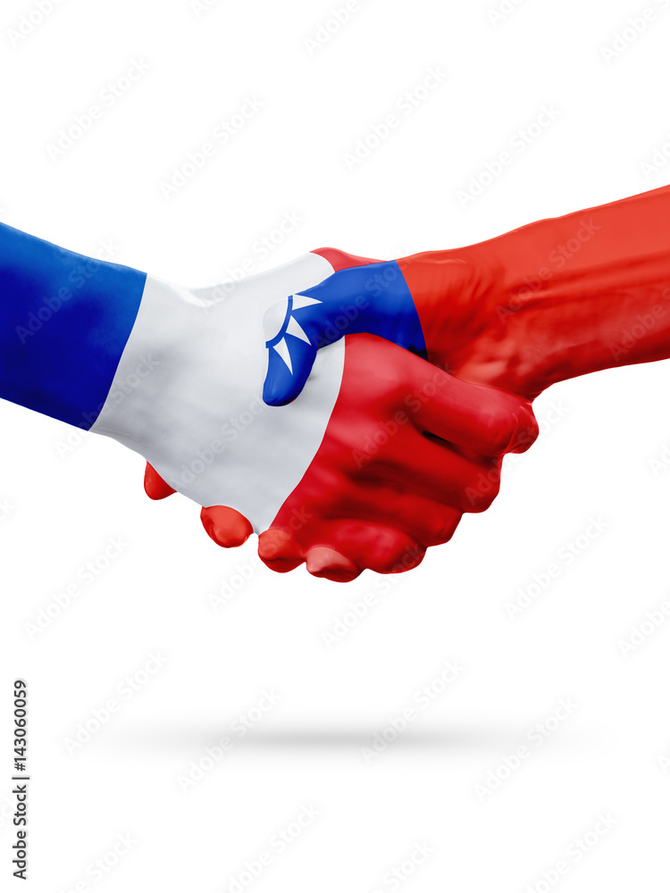 Flags France, Taiwan countries, partnership friendship handshake ...