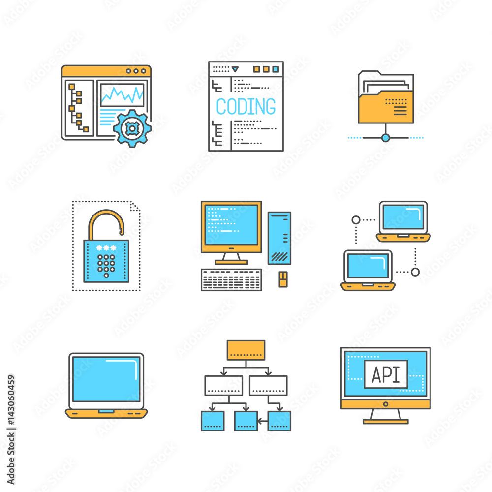 Vector minimal lineart computers and programming iconset. Laptop ...