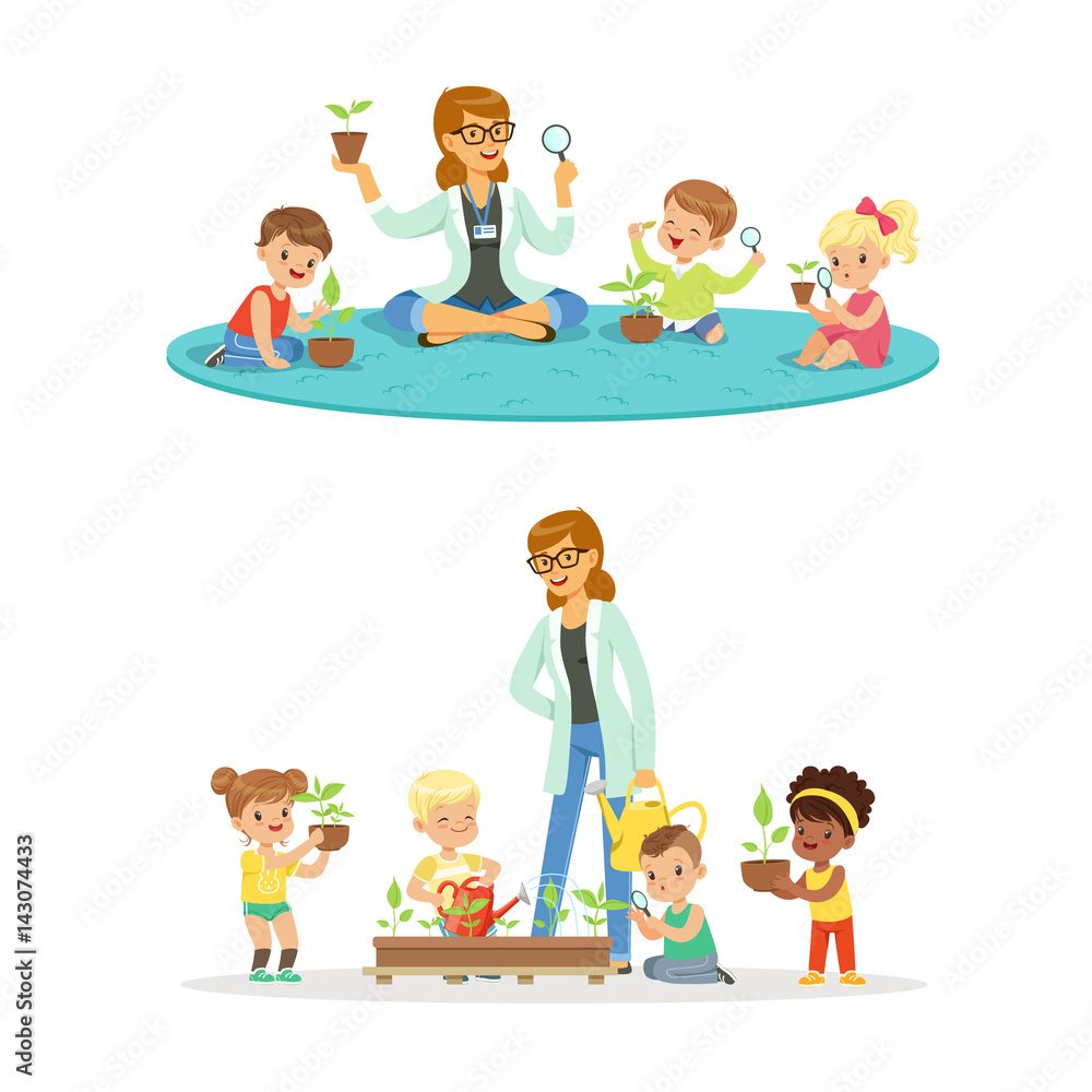 Teacher with kids learning about plants during biology lesson. Cartoon ...