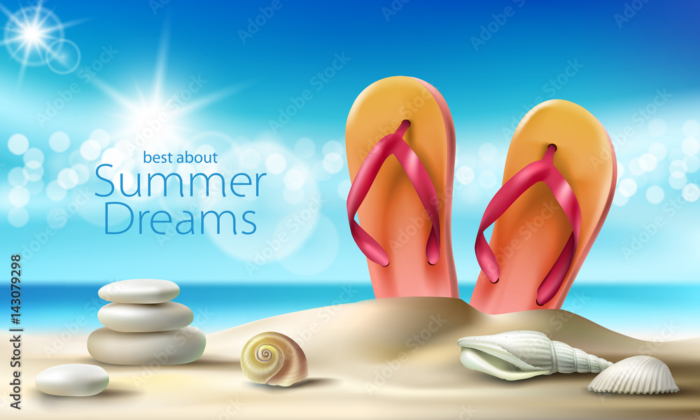 Vector illustration of a summer sandy beach with seashells, pebbles and ...