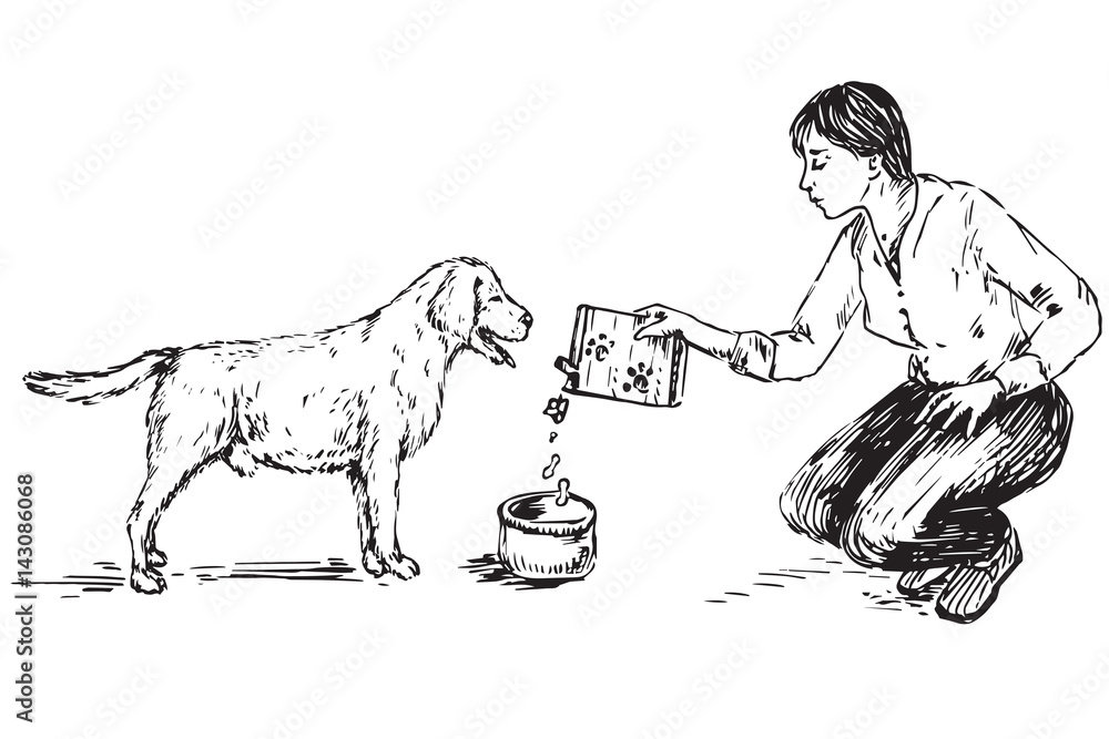 Young woman feeding dog (Labrador), hand drawn doodle, sketch in pop ...
